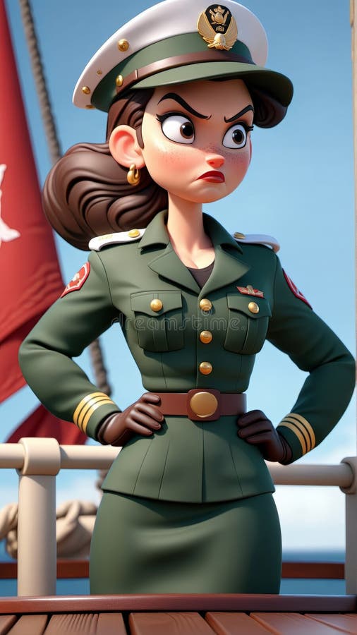 Animated Naval Commander Stands Firm on Deck with Determined Expression ...