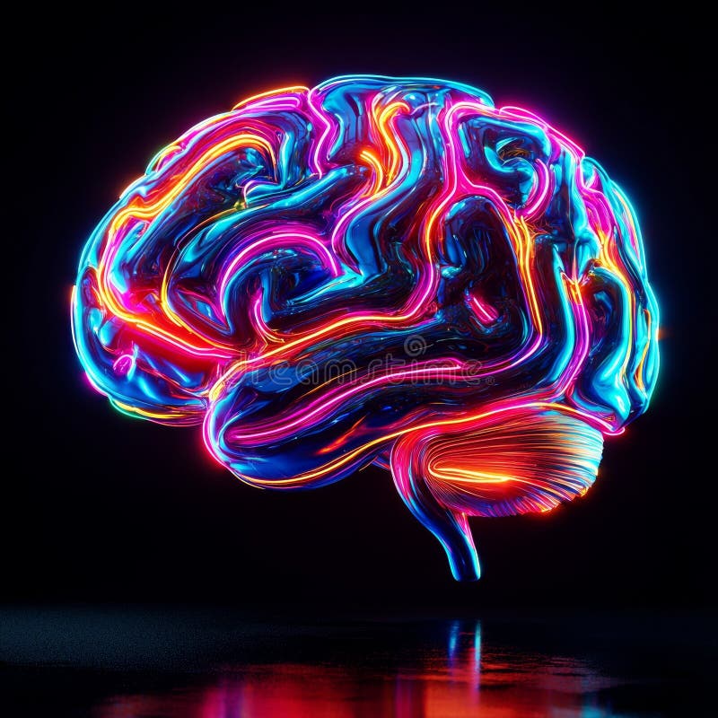 An Animated Neon Glow Human Brain Hovers on a Black Background Stock ...