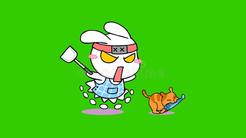 Animated Ninja Rabbit Angry at a Cat Stealing Mackerel on Green Screen ...