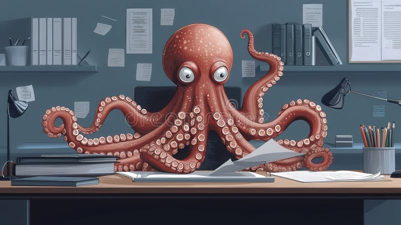 Animated Octopus at Work Amidst Office Documents Stock Illustration ...
