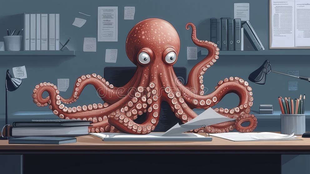 Animated Octopus at Work Amidst Office Documents Stock Illustration ...