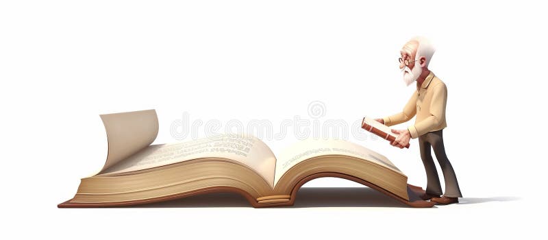 Animated Old Man Reading a Large Book, Pure White Background Stock ...