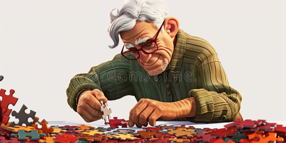 Animated Old Man Solving a Jigsaw Puzzle, Pure White Background Stock ...