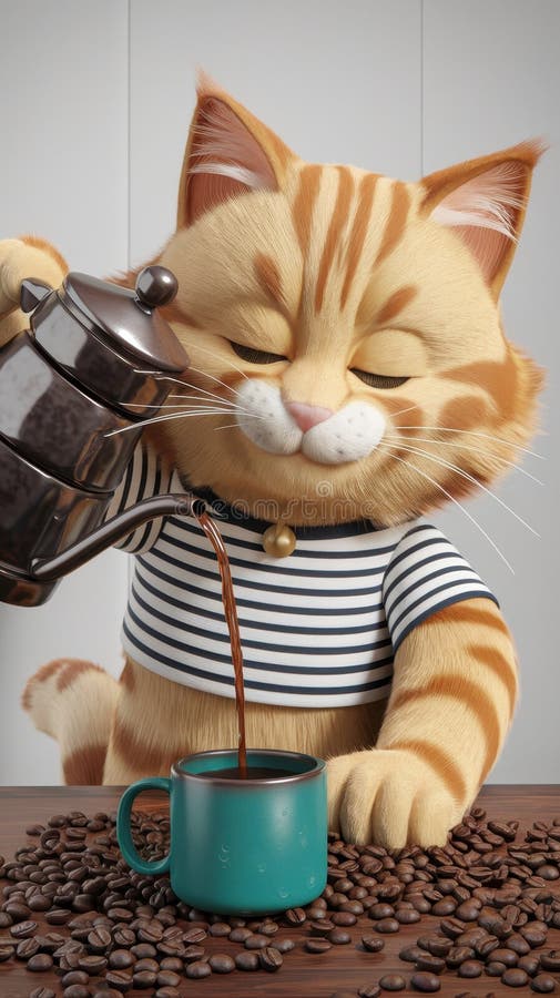 Animated Orange Tabby Cat Pouring Coffee with Focused Expression Stock ...