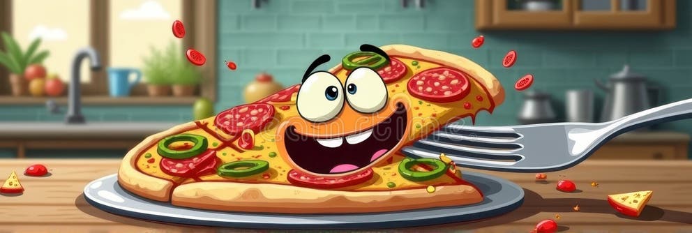 Animated Pepperoni Pizza Slice with Eyes and Mouth in Kitchen Setting ...
