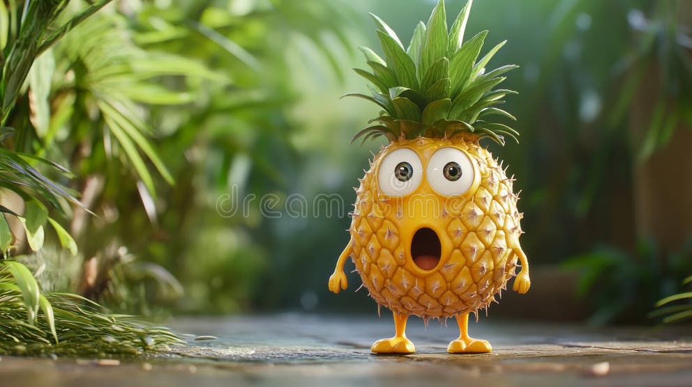 Animated Pineapple Character with Surprised Look in Tropical Forest Stock Illustration ...