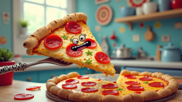 Animated Pizza Slice with Funny Face in Colorful Kitchen Setting Stock ...