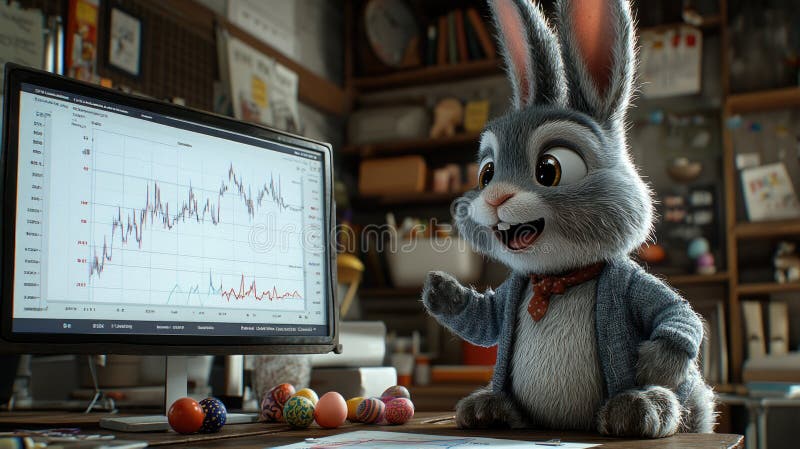 Animated Rabbit Analyzing Financial Data on Computer in Cozy Office ...