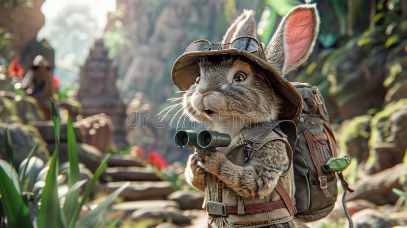 An Animated Rabbit Geared As an Explorer with Binoculars is on an ...