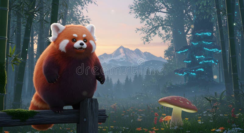 Animated Red Panda Amidst a Serene Mountain Backdrop with Glowing Flora ...
