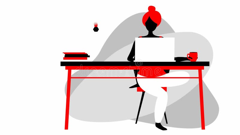 Animated Remote Work Concept. Video of Work at Home. Girl Works at the ...