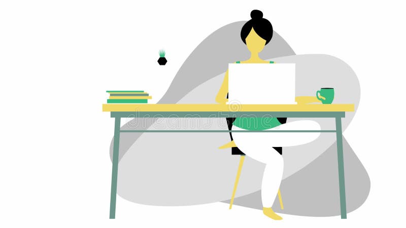 Animated Remote Work Concept. Video of Work at Home. Girl Works at the ...