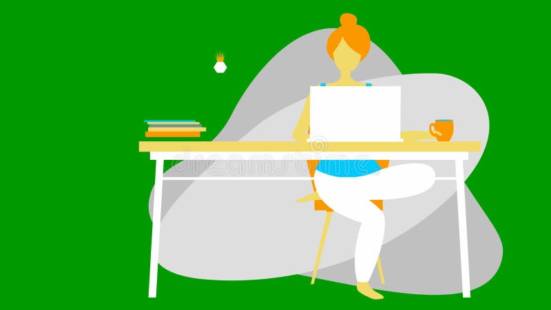 Animated Remote Work Concept. Video of Work at Home. Girl Works at the ...