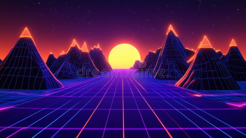 Animated Retro Style Landscape. Neon 80s Neon Illustration Stock Image ...