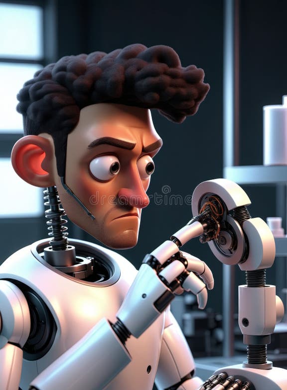 Animated Robot Engineer Working on Intricate Mechanical Component ...
