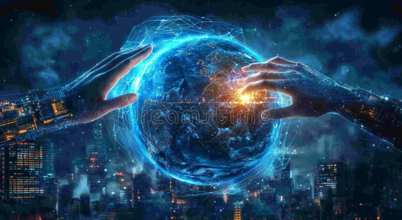 Animated Robot Hand and Human Hand Touching Digital World in Dark 3D ...