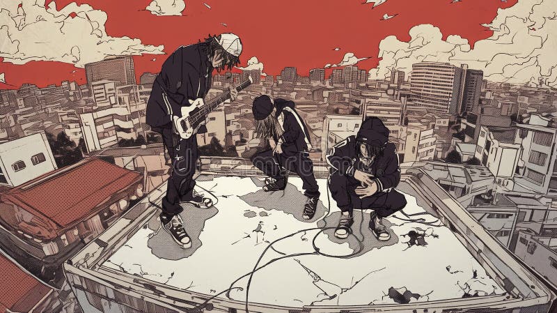 Animated Rooftop Rap Performance by Three Hip-hop Artists Stock ...