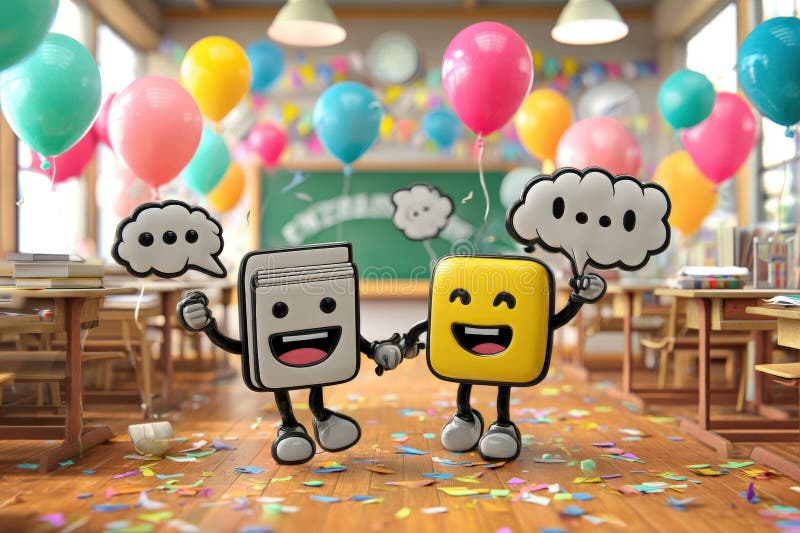 Animated Ruler and Eraser Dancing in Classroom Celebration Scene Stock ...