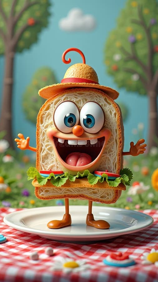 Animated Sandwich Character with Hat in Vibrant Garden Scene Stock ...