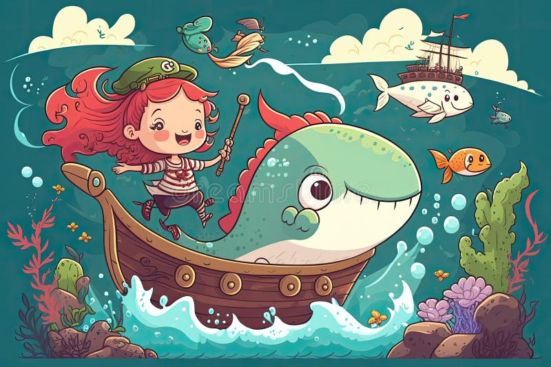 Animated Scene of a Child Pirate Sailing with Fish and a Mermaid Stock ...