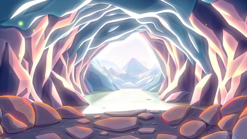 Ice Cave with Glowing Lights: Animated Scene Featuring a Glacier Cave ...
