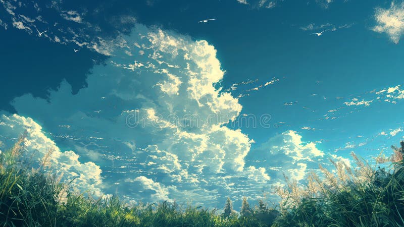 An Animated Scene Featuring a Blue Sky with Clouds and a Grassy ...