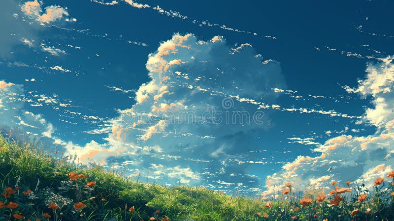 An Animated Scene Featuring a Blue Sky with Clouds and a Grassy ...
