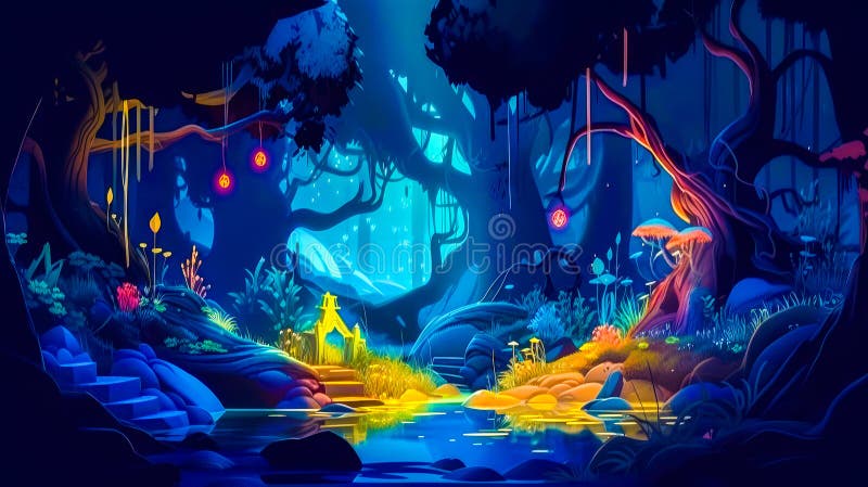 An Animated Scene of Forest with Lights and Lanterns. Generative AI ...