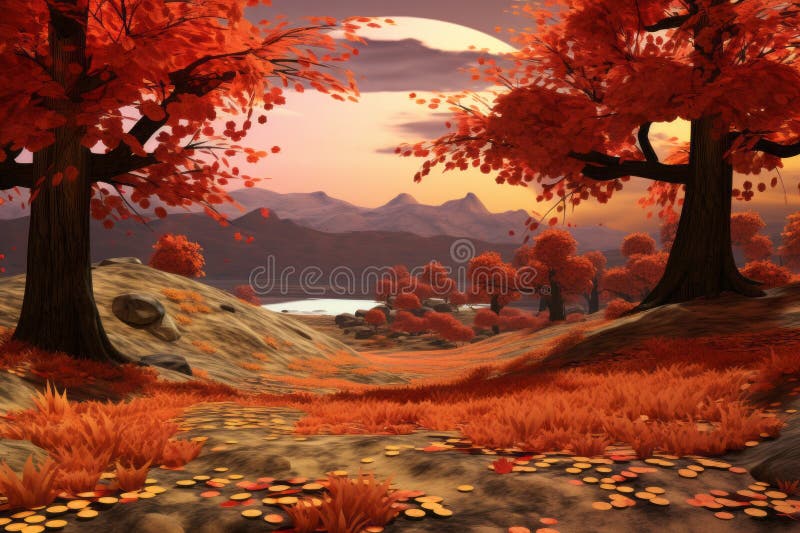 An Animated Scene of a Forest with Red Trees Stock Illustration ...