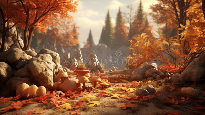 An Animated Scene of a Forest with Trees Rocks and Mushrooms Stock ...