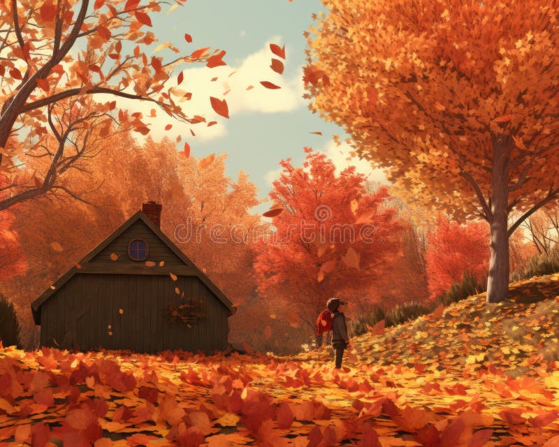 An Animated Scene of a House Surrounded by Fall Leaves Stock ...