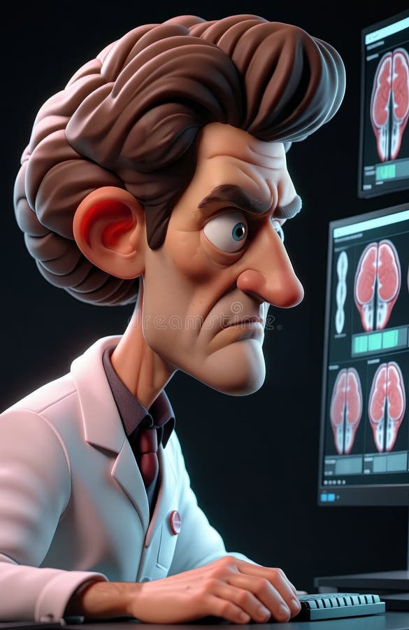 Animated Scientist Analyzing Brain Images on Computer Screens Stock ...
