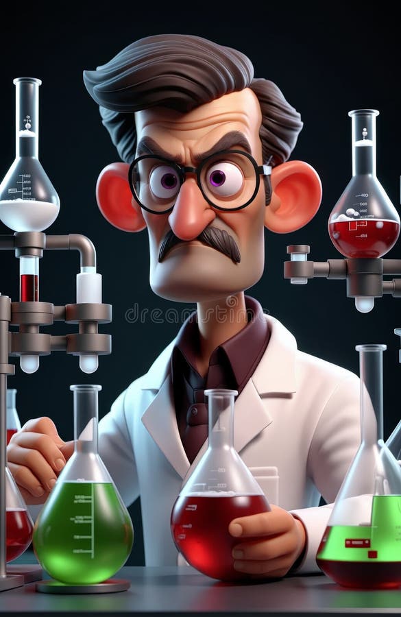 Animated Scientist in Laboratory with Colorful Experiments and Beakers ...