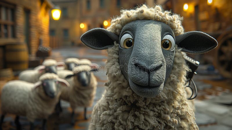 Animated Sheep Looking Directly at the Camera in a City Setting Stock ...