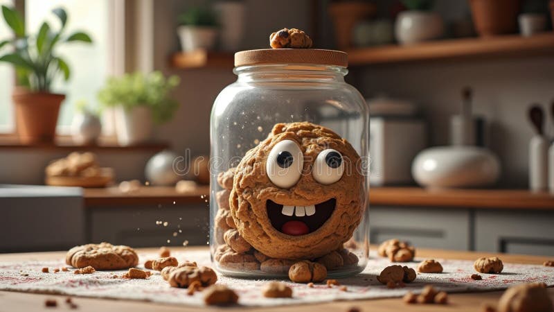 Animated Smiling Cookie in Jar on Kitchen Counter with Plants and Daylight Stock Photo - Image ...