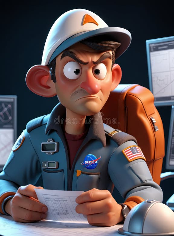 Animated Space Engineer in Control Room with Serious Expression and Usa ...