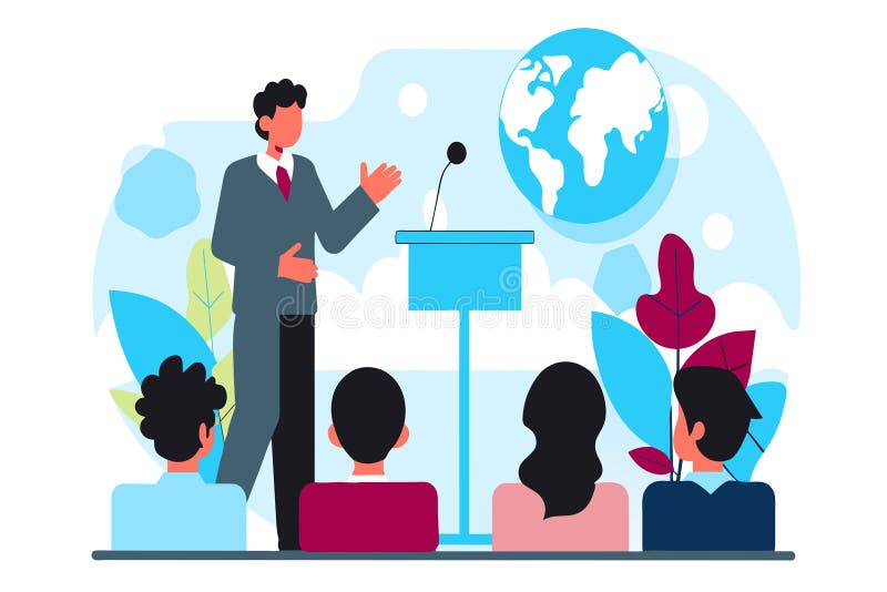 An Animated Speaker Addresses an Attentive Audience Against a Global ...