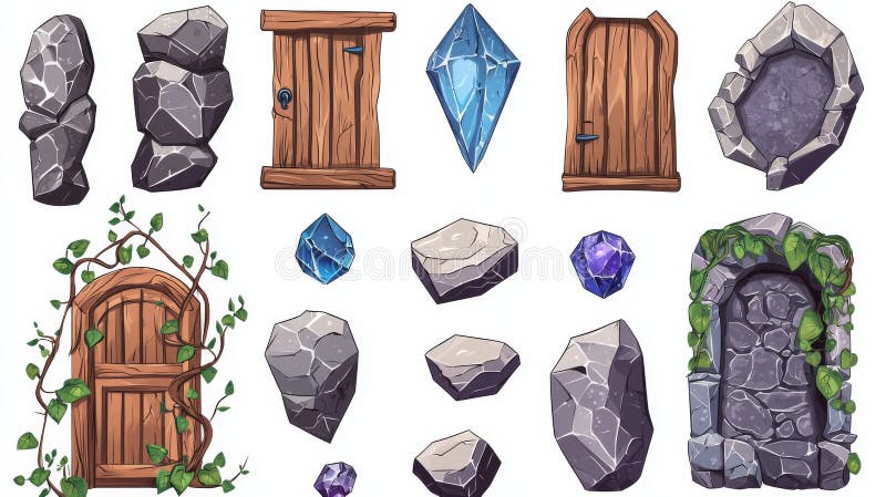 Animated Stone, Wood, and Vine GUI Set, Game UI Elements Stock Image ...
