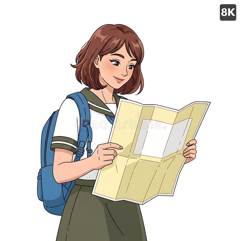 Animated Student with Backpack Thoughtfully Studies Map To Find Route ...