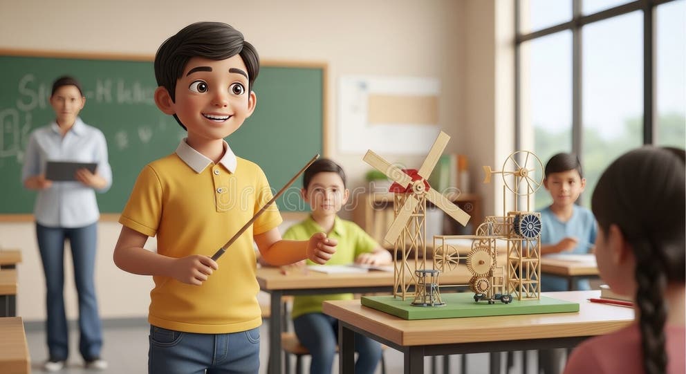 Animated Student Presenting Windmill Project in Classroom with Teacher ...
