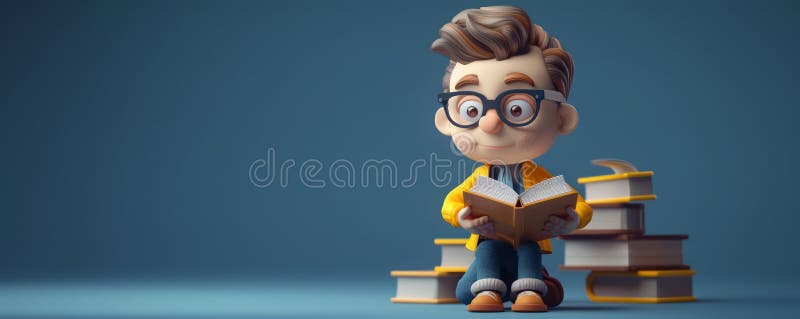 Animated Student Reading a Book with Stack of Books, Studious Character ...