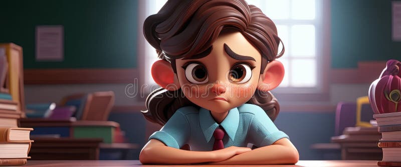 Animated Student with Worried Expression in Classroom Setting Stock ...