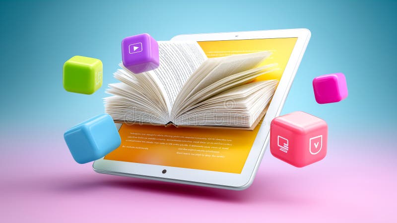 Animated Tablet Displaying an Open Book Surrounded by Vibrant Blocks ...