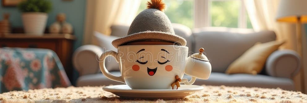 Animated Teacup with Smile and Hat in Cozy Living Room Setting Stock ...