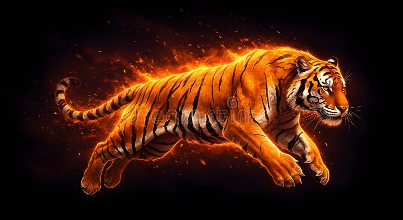 Animated Tiger Leaping with Fiery Effect on a Dark Background Stock ...