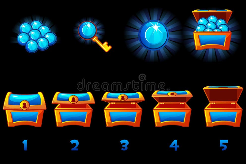 Animated Treasure Chest with Blue Precious Gem. Step by Step, Full and ...