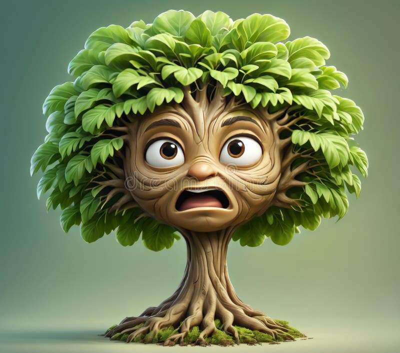 Animated Tree Character with Expressive Face in Green Environment Stock ...