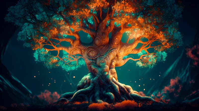 An Animated Tree in the Dark with Glowing Lights. Generative AI Stock ...