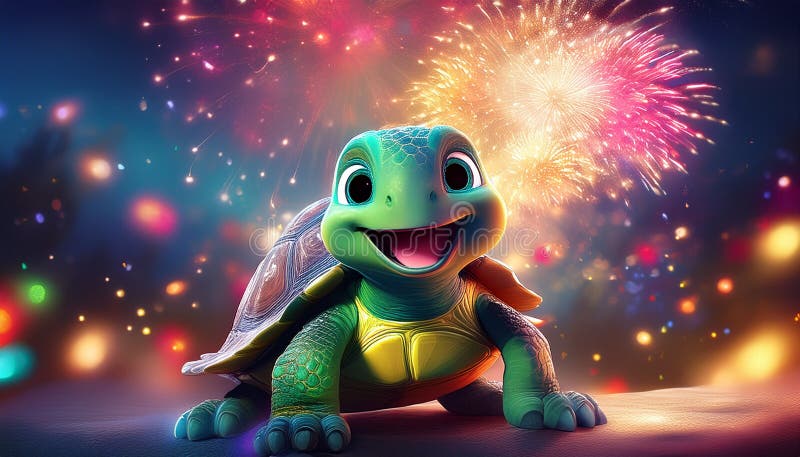 Animated Turtle with Fireworks Stock Illustration - Illustration of intricate, smooth: 376737047