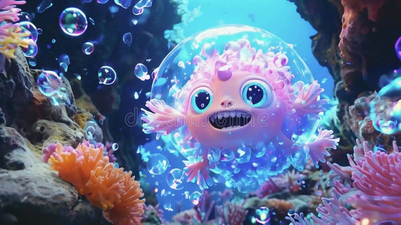 Animated, Underwater Creature in a Bubble, Surrounded by Coral and ...